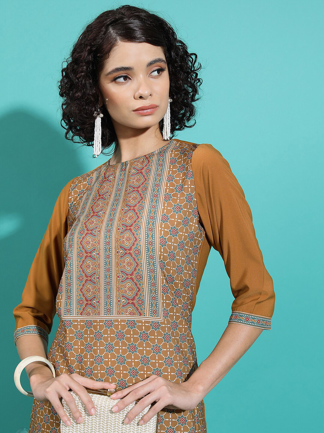 Buy Vishudh Rust Ethnic Motifs Printed Straight Kurta - Kurtas for ...