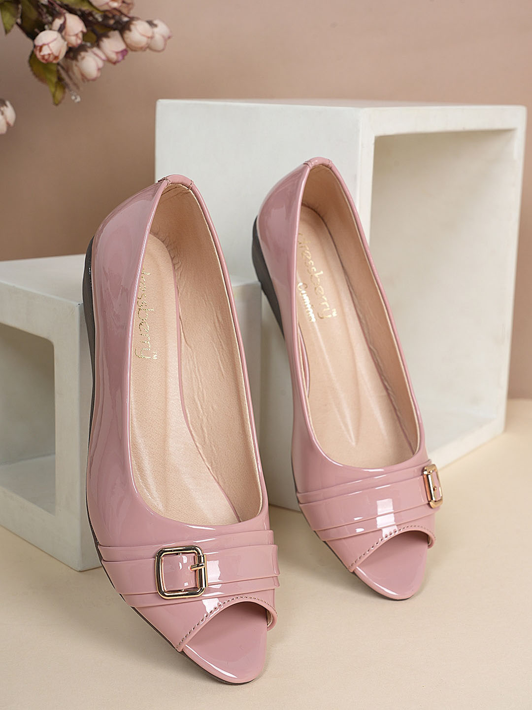 Buy DressBerry Pink Peep Toes Wedges With Buckle Detail - Heels for ...