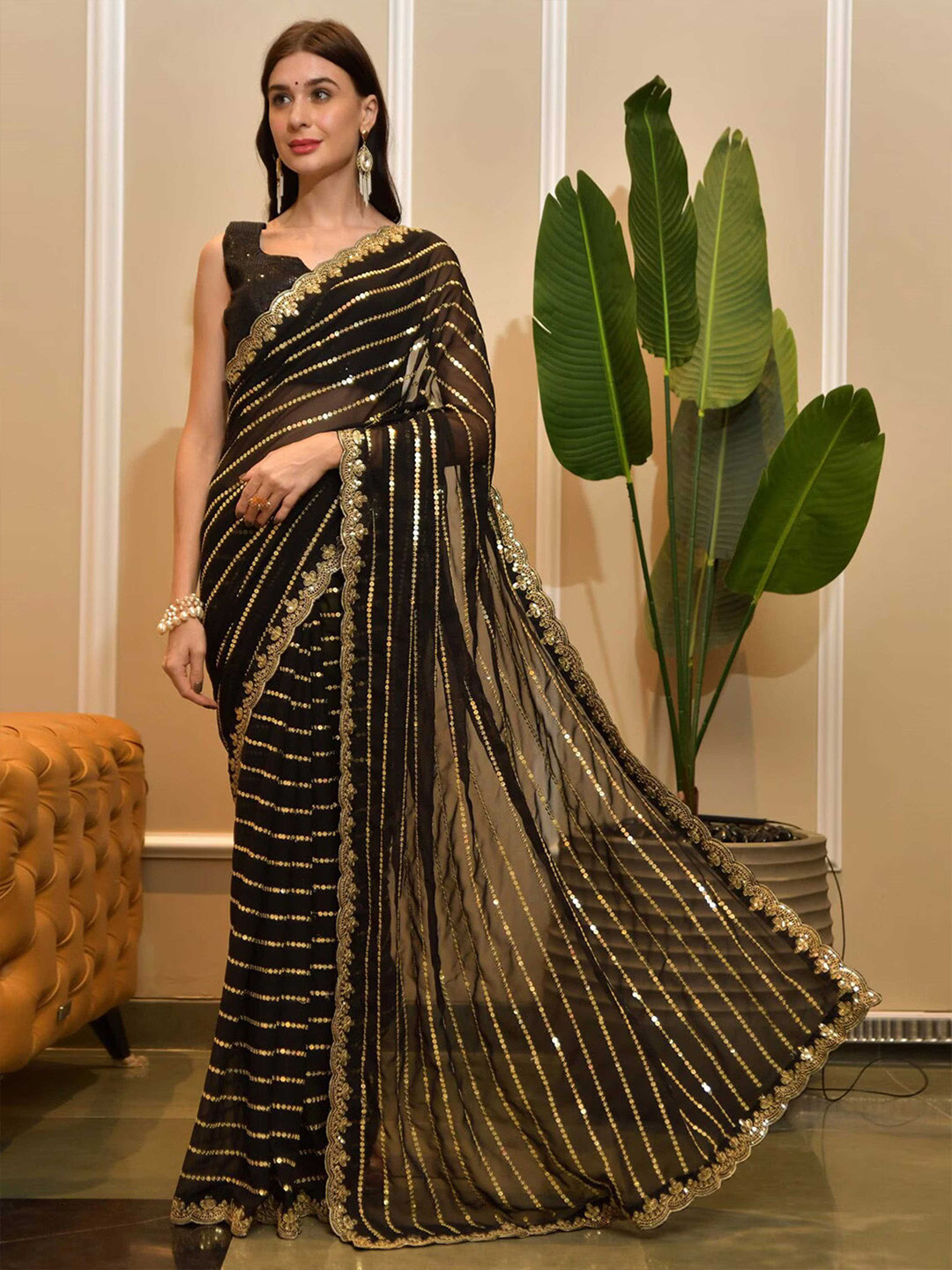 Buy Mitera Black Striped Embellished Sequinned Saree - Sarees for Women ...