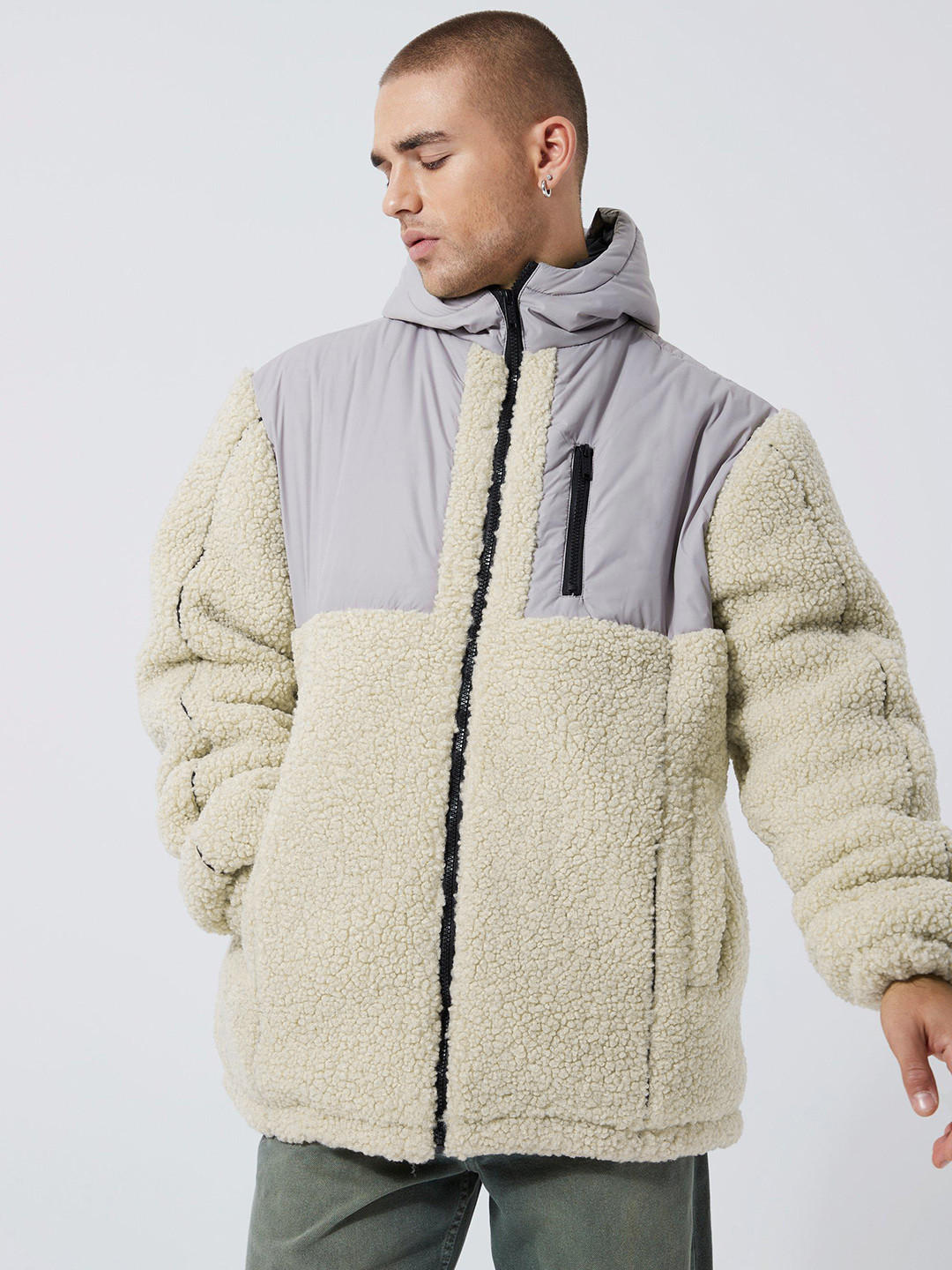 Buy BoohooMAN Color Blocked Hooded Sherpa Jacket With Zip Pockets ...