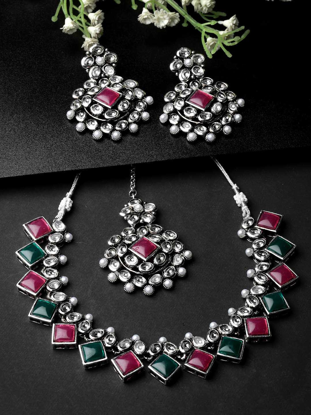 Buy ADIVA Silver Plated Kundan Stones Studded & Pearls Beaded Jewellery ...