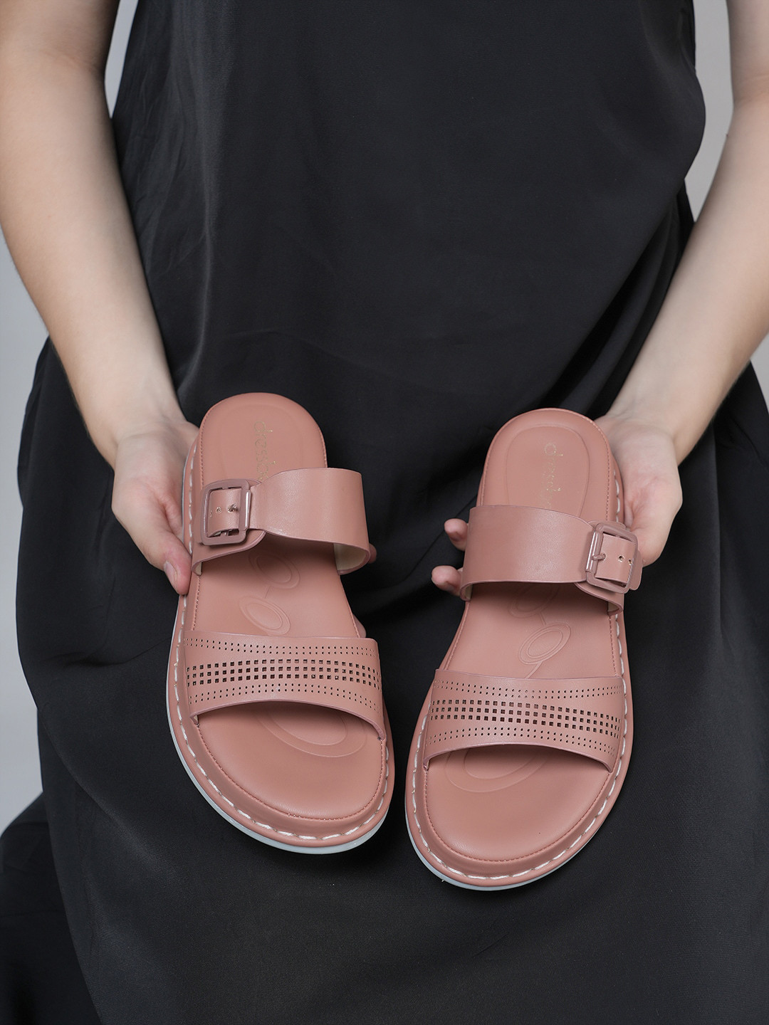 Buy DressBerry Pink Perforated Laser Cut Double Strap Open Toe Flats ...