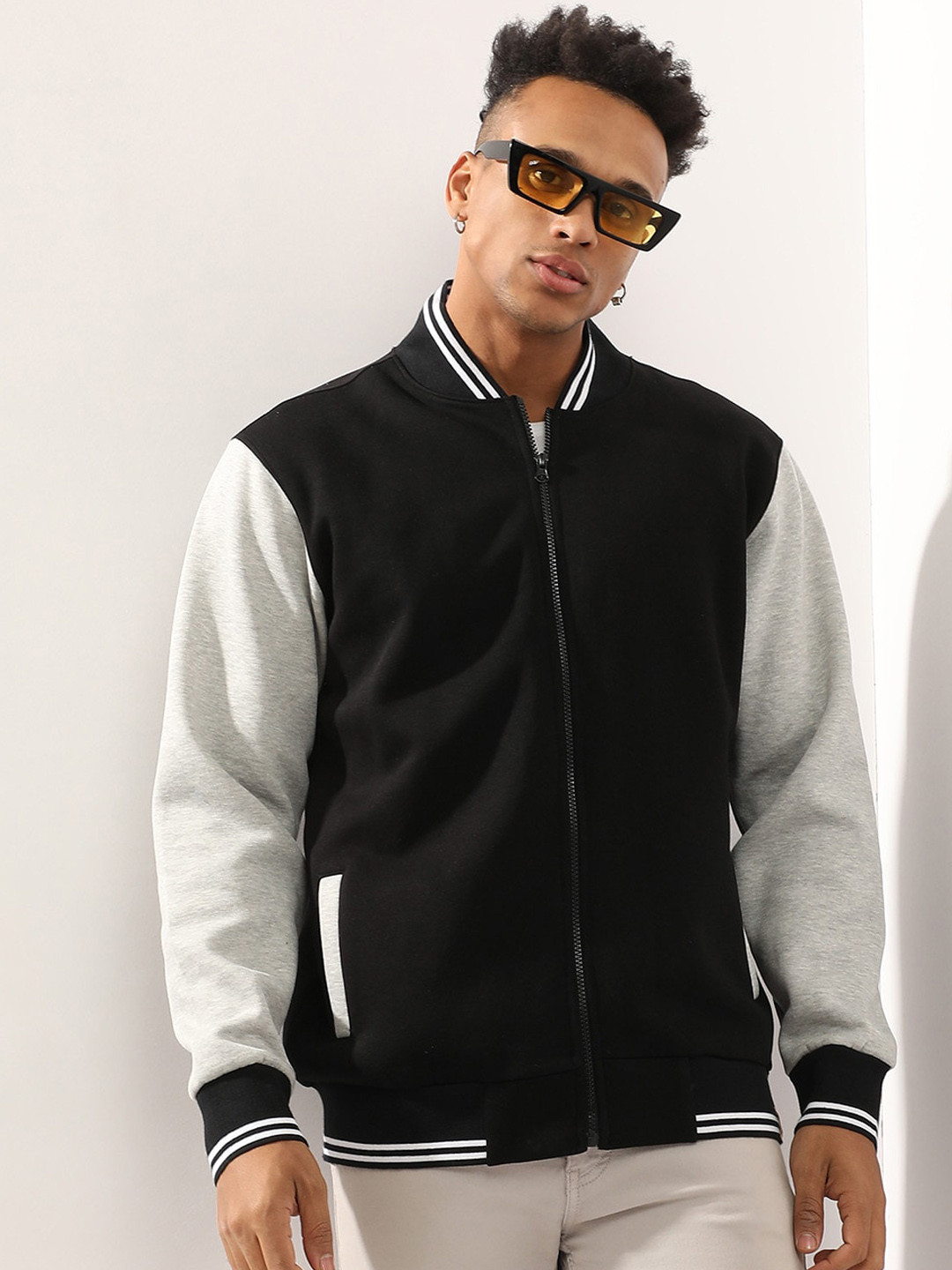 Buy Campus Sutra Black Colourblocked Windcheater Varsity Jacket ...