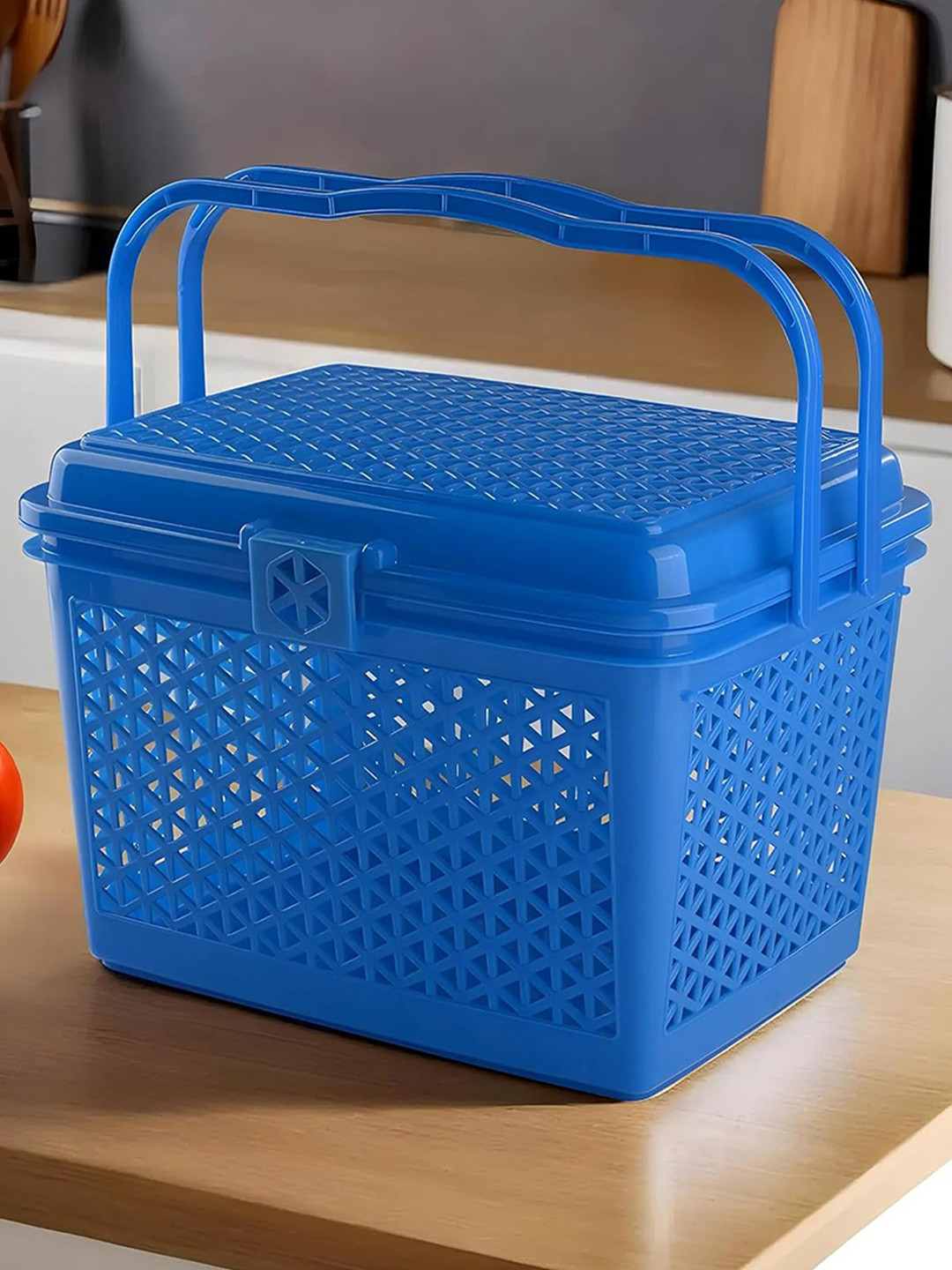 Buy Kuber Industries Blue Storage Basket With Handles & Lid - Fruit And ...