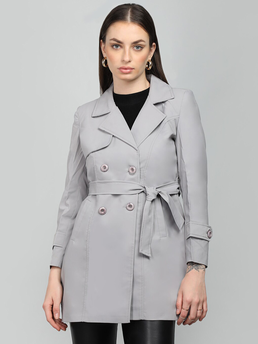 Buy HONNETE Double Breasted Hip Length Trench Coat - Coats for Women ...