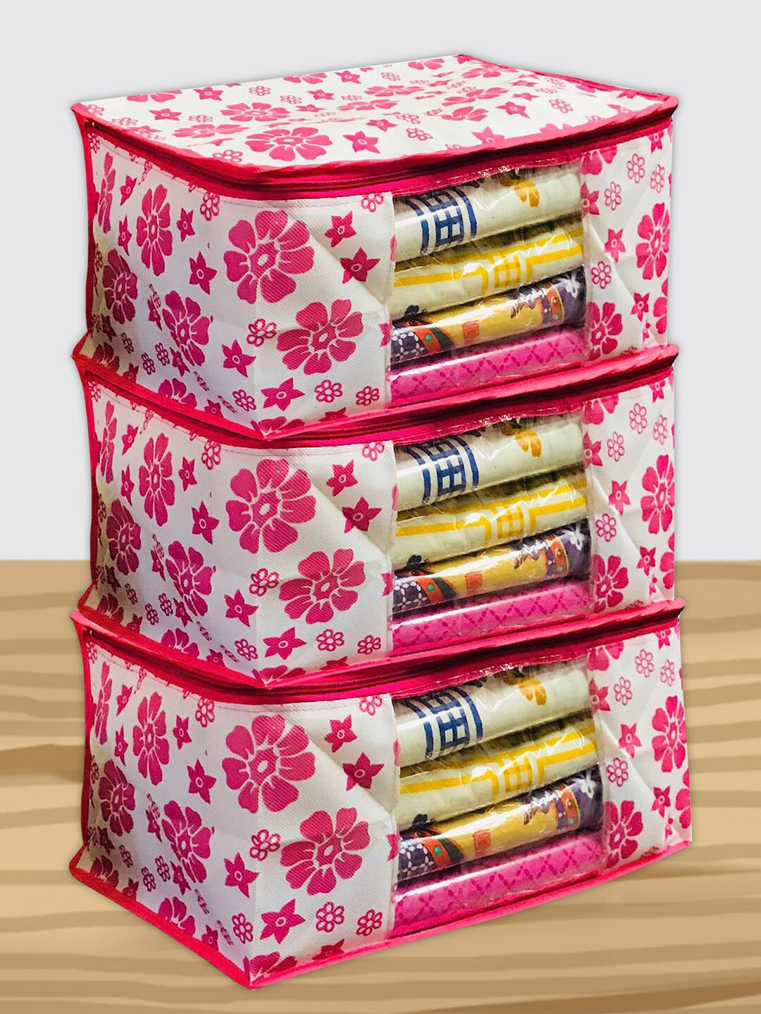 Buy Kuber Industries Pink & White 3 Pieces Printed Foldable Multi ...
