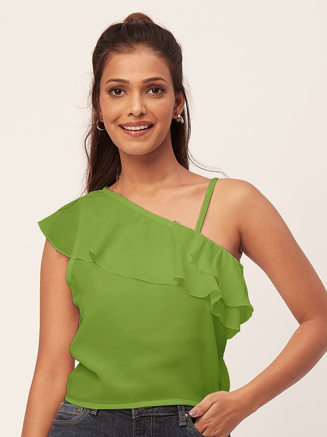 Buy Moomaya One Shoulder Sleeveless Ruffled Casual Top - Tops for Women ...