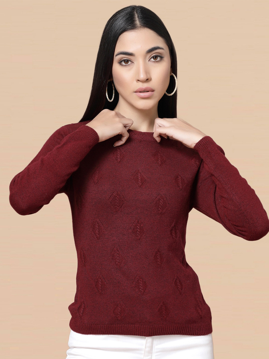 Buy DressBerry Maroon Cable Knit Self Design Acrylic Pullover Sweater ...