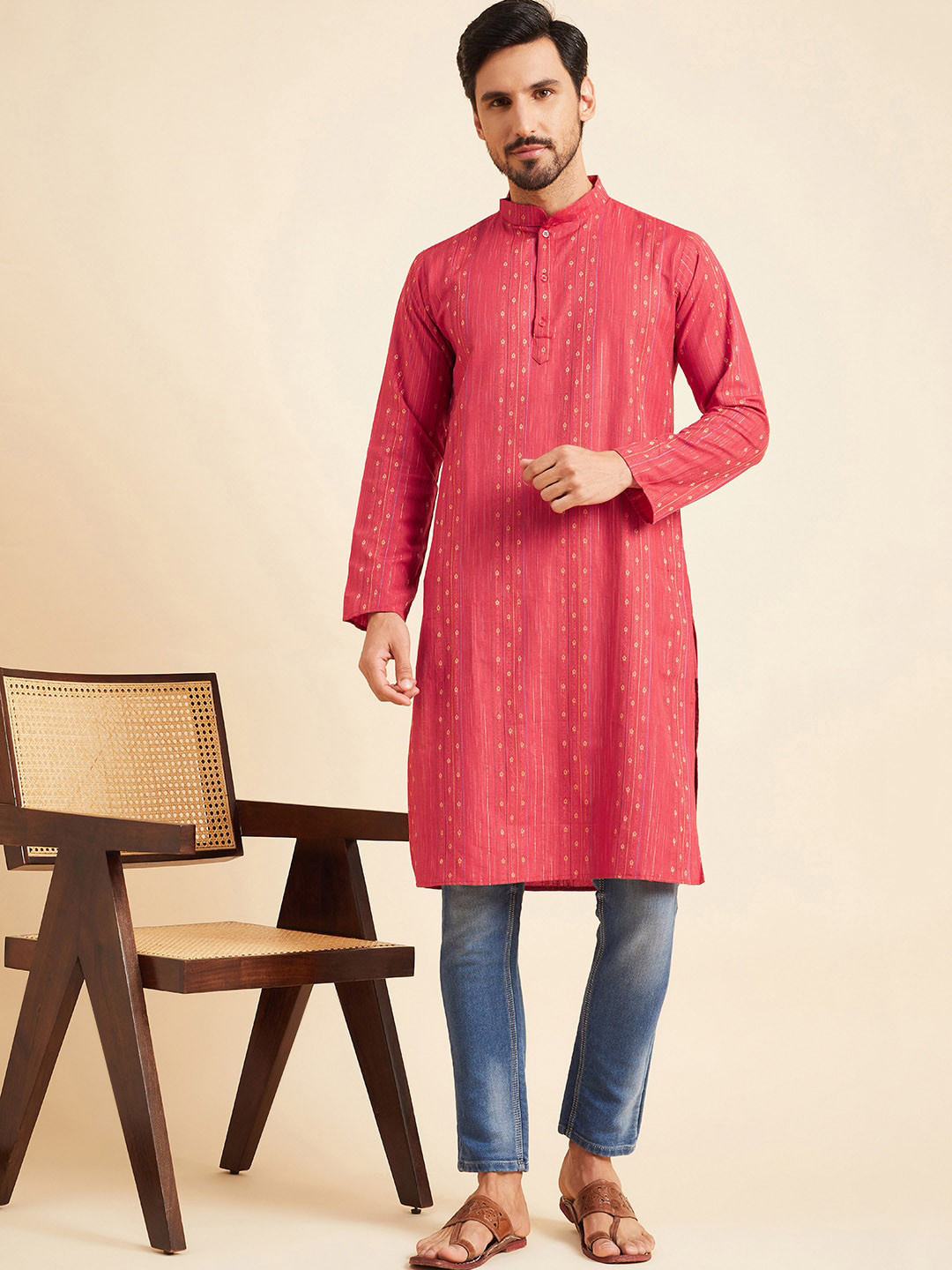 Buy HERE&NOW Red Ethnic Motifs Woven Design Mandarin Collar Straight ...