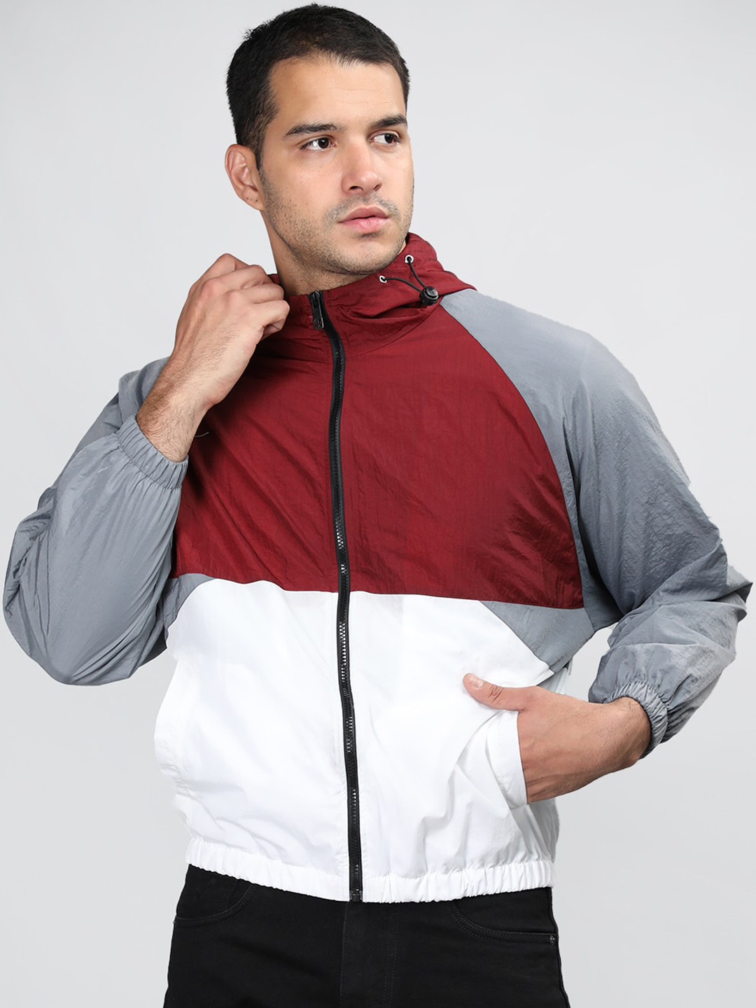 Buy CHKOKKO Colourblocked Hooded Windcheater Sporty Jacket - Jackets ...