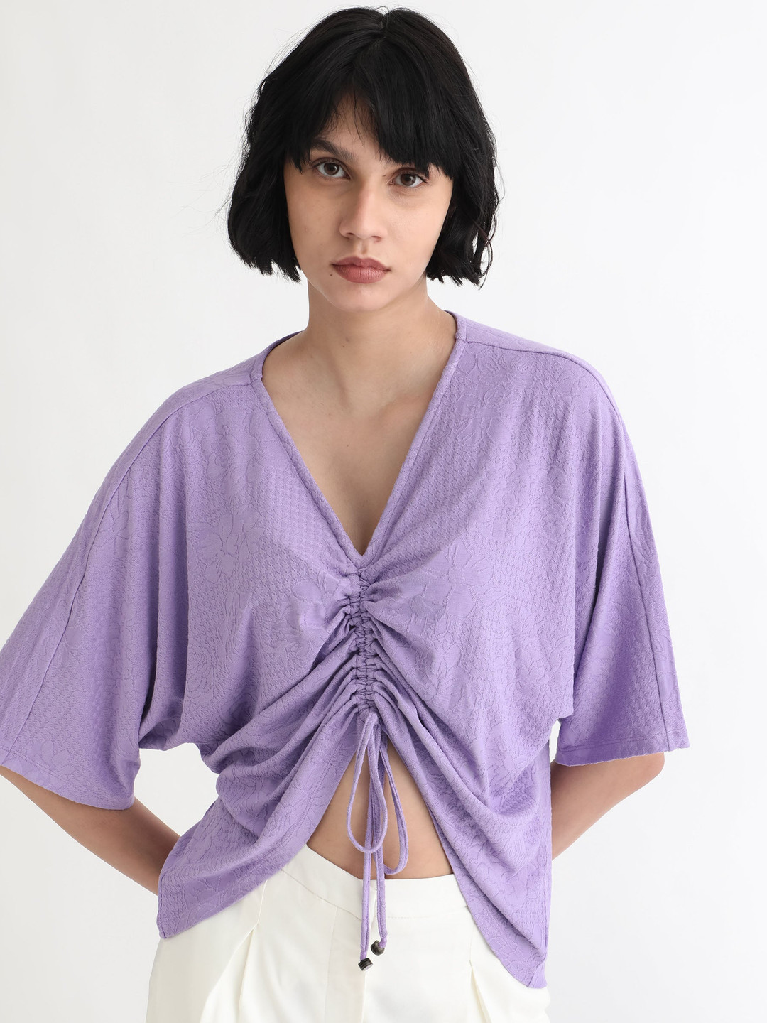 Buy RAREISM Floral Self Design Extended Sleeves Ruched Top - Tops for ...