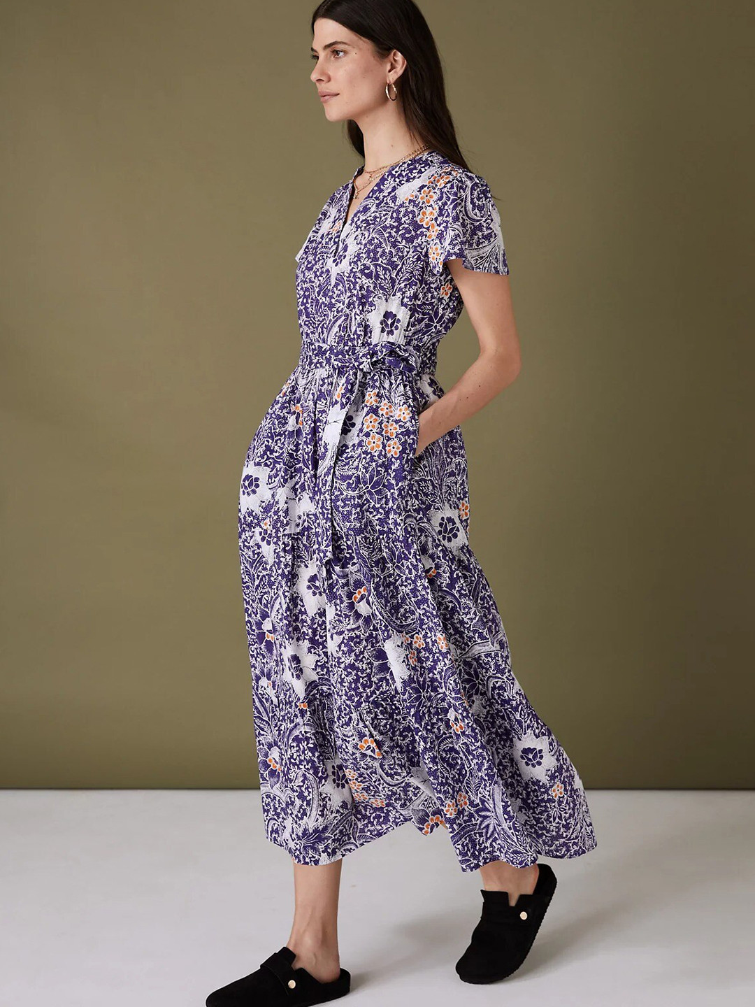 Buy Marks & Spencer Floral Printed V Neck Flared Sleeves Belted Midi ...