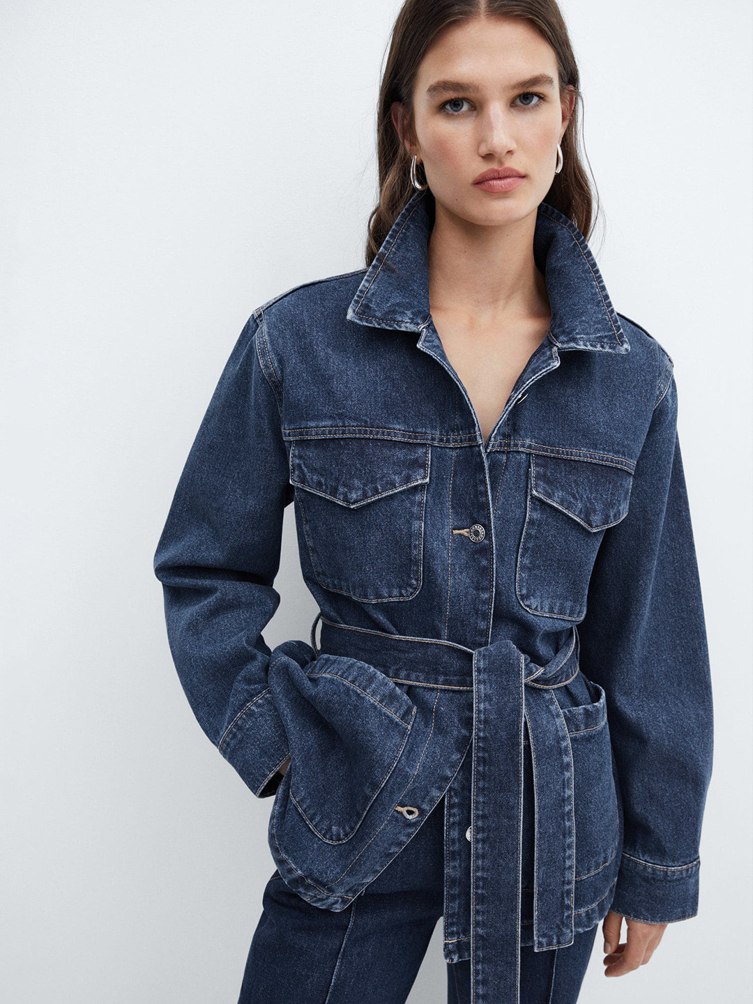 Buy MANGO Pure Cotton Belted Longline Denim Jacket - Jackets for Women ...