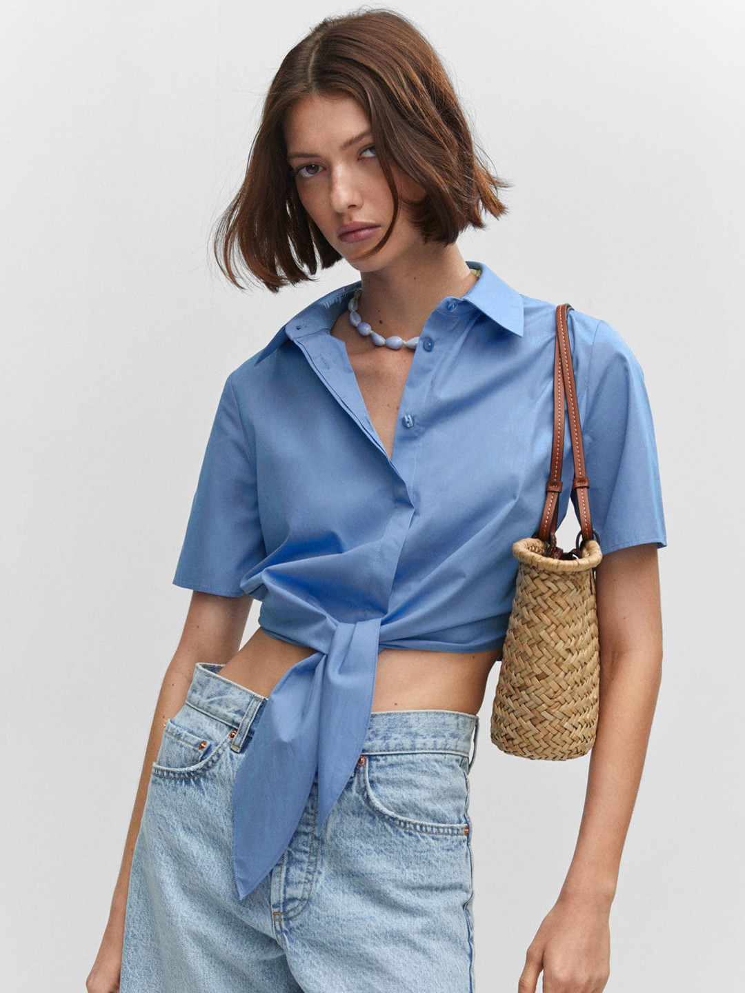 Buy MANGO Pure Cotton Knot Detail Shirt Style Top - Tops for Women ...