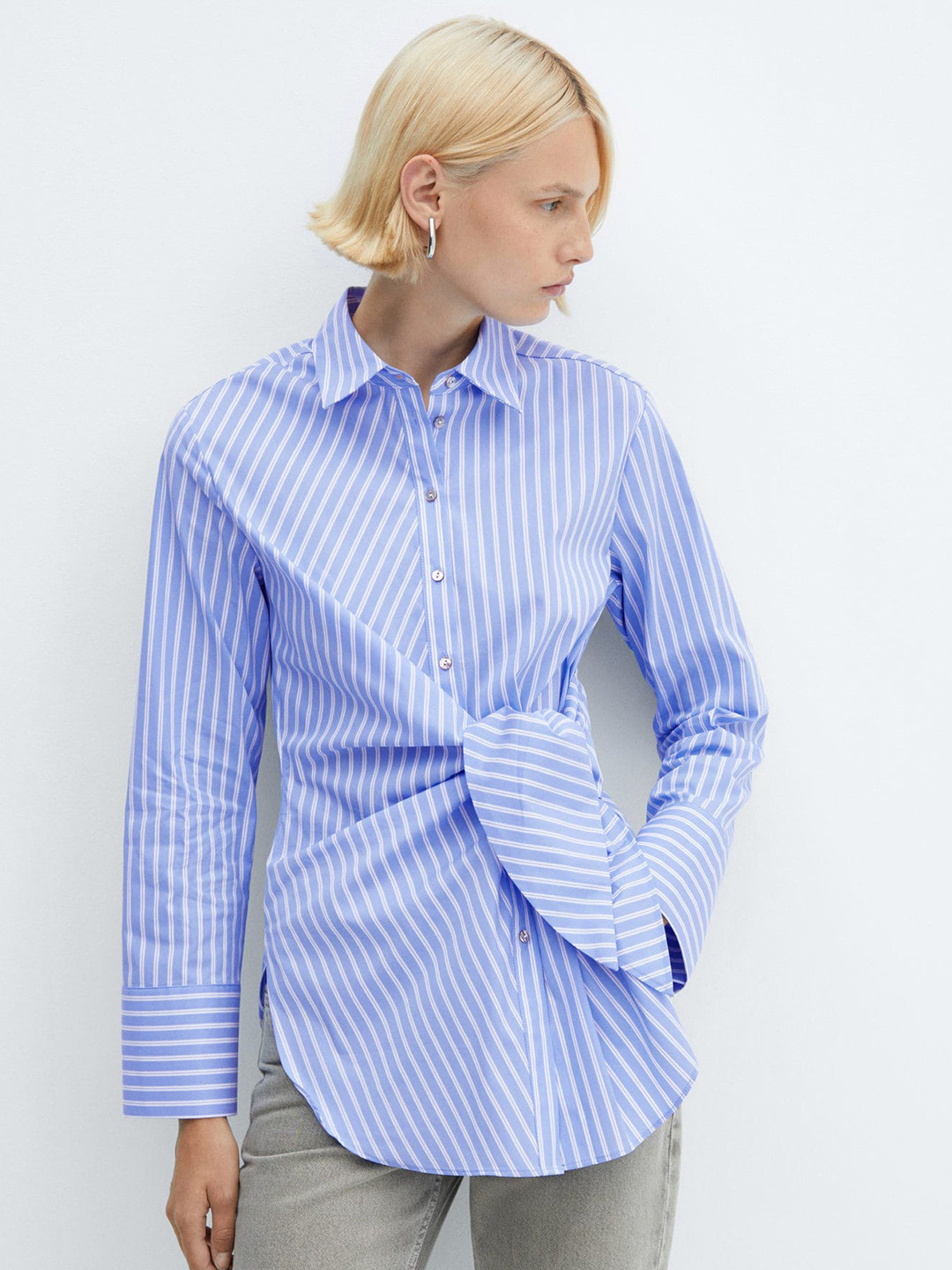 Buy MANGO Striped Knot Detail Longline Shirt - Shirts for Women ...