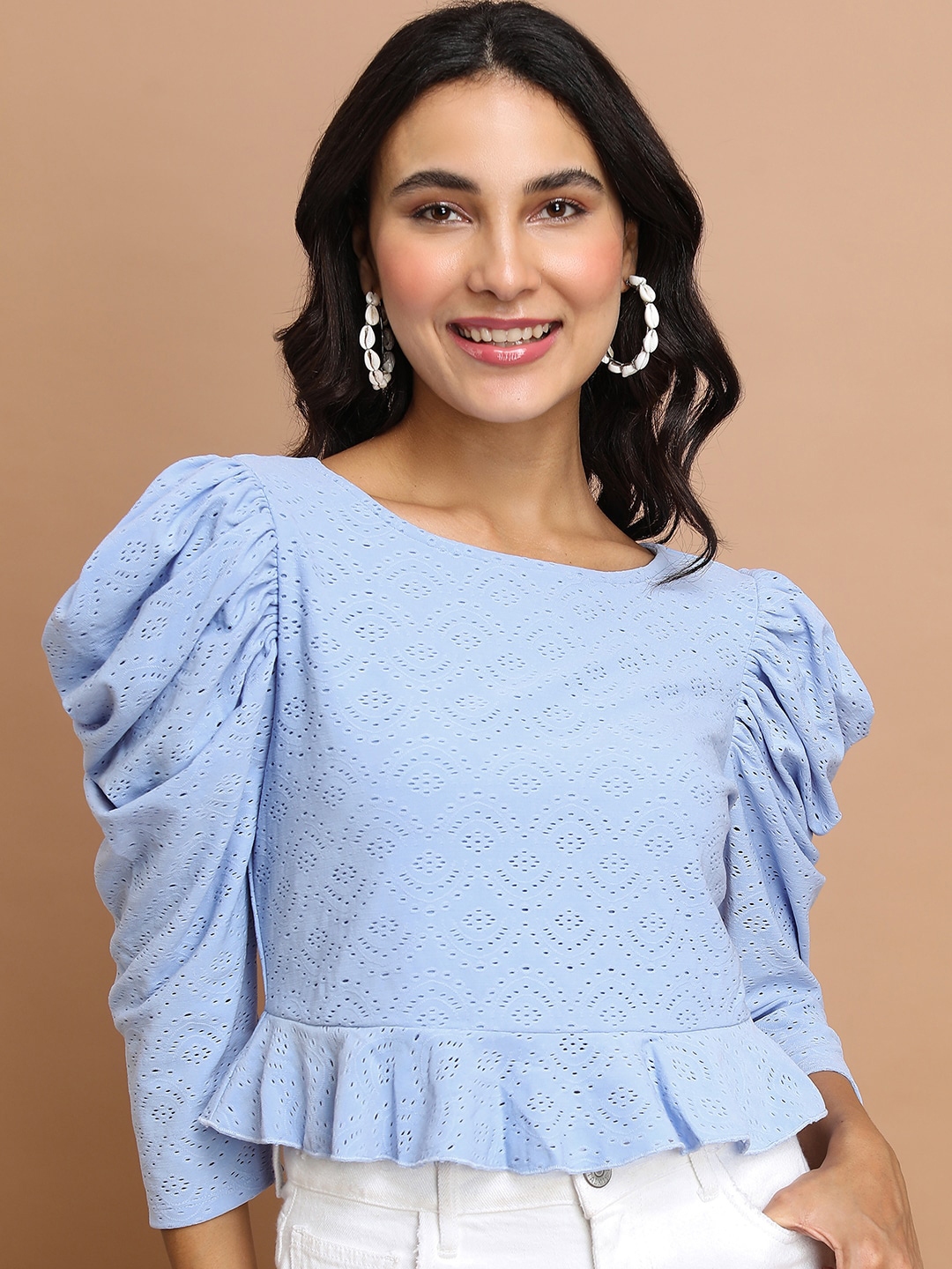 Buy Ketch Round Neck Puff Sleeve Peplum Top Tops For Women 25378134
