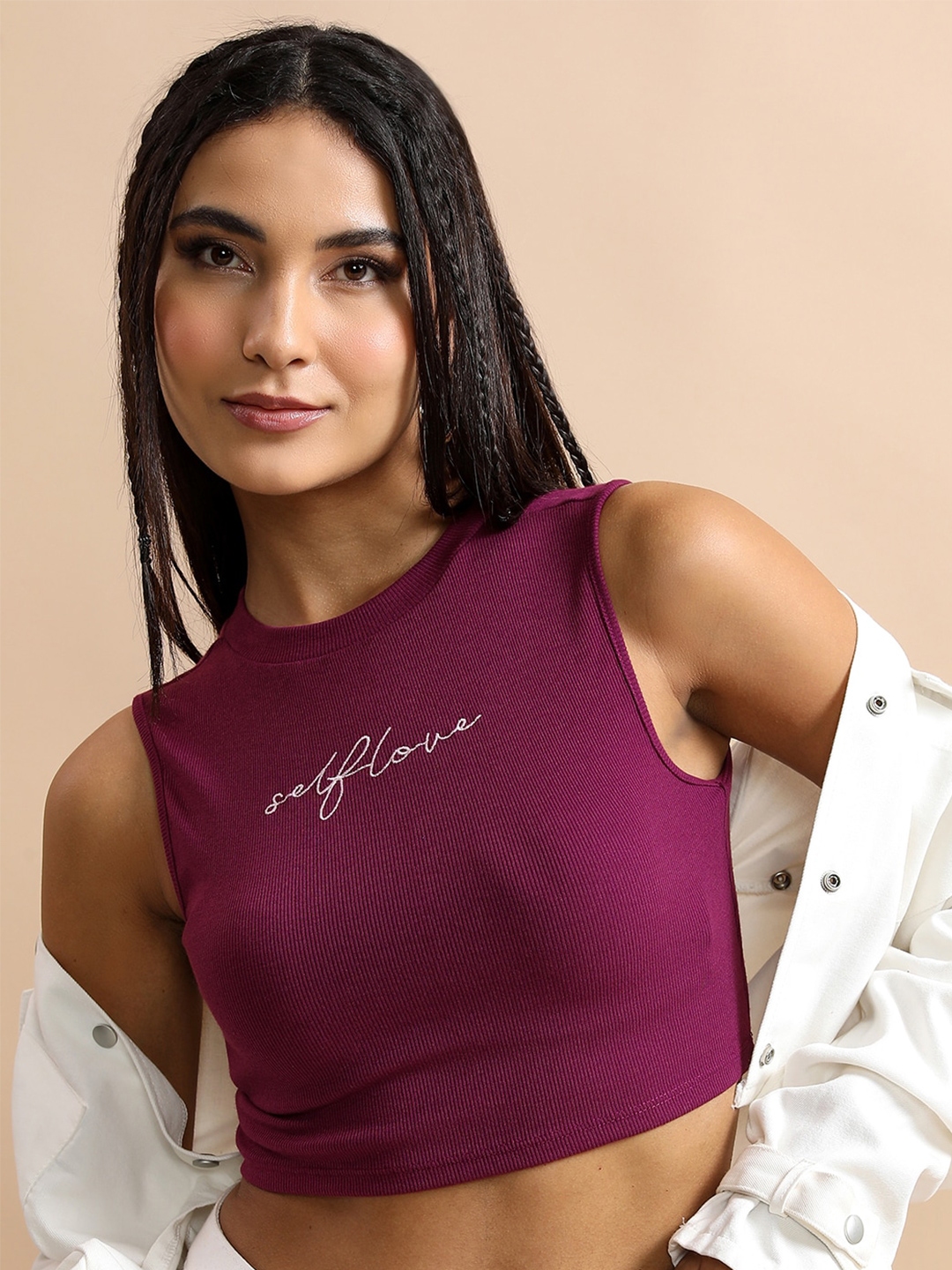 Buy Ketch Purple Typography Printed Round Neck Sleeveless Crop Fitted