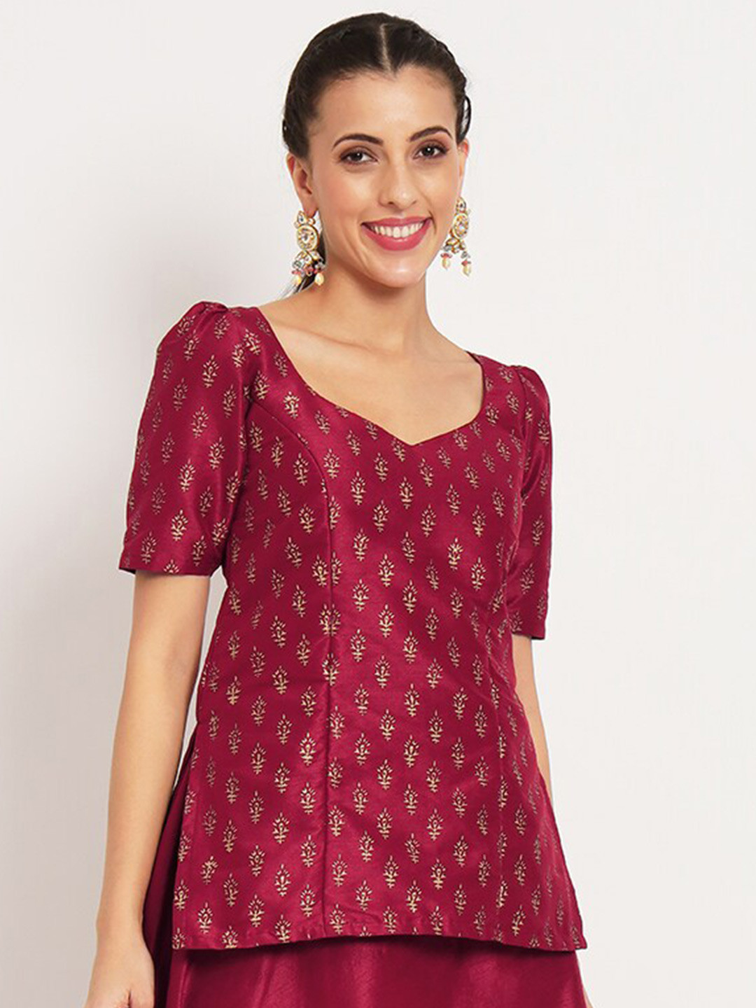 Buy Studio Rasa Ethnic Motifs Print Sweetheart Neck Puff Sleeved Top ...