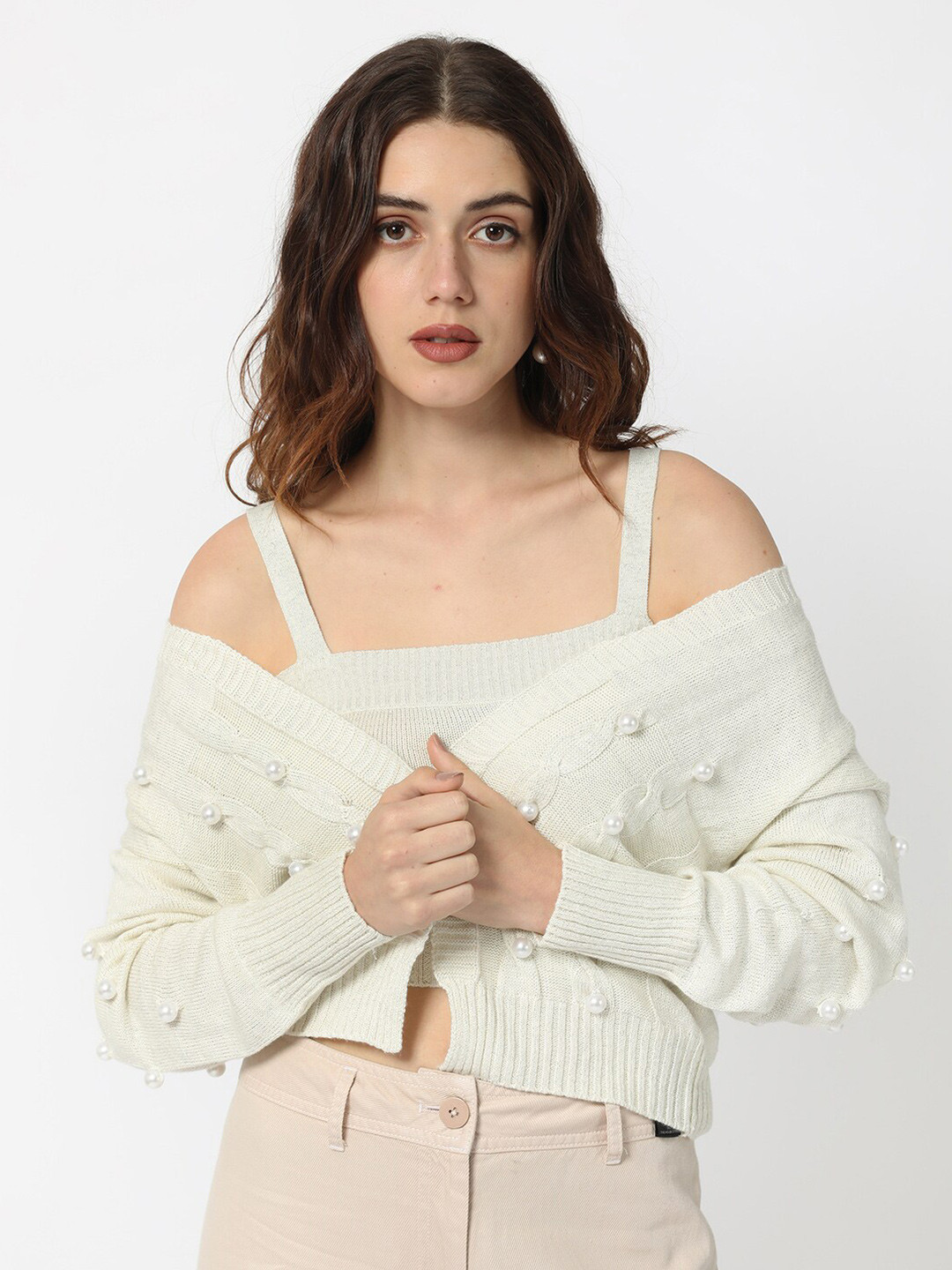 Buy RAREISM Cable Knit Self Design With Embellished Detail Front Open ...