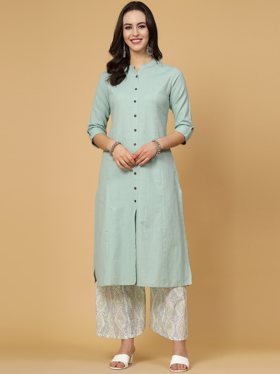 Buy Pistaa Mandarin Collar Panelled Straight Kurta With Palazzos ...