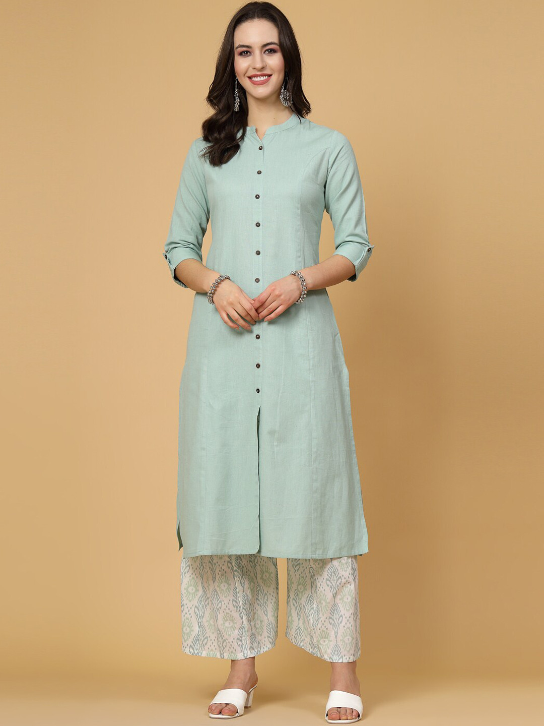 Buy Pistaa Mandarin Collar Straight Kurta With Palazzos - Kurta Sets ...