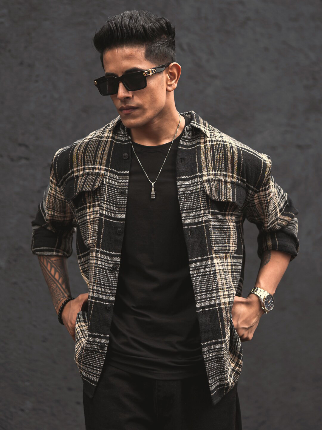 Buy Powerlook Black India Slim Tartan Checked Oversized Casual Shirt ...