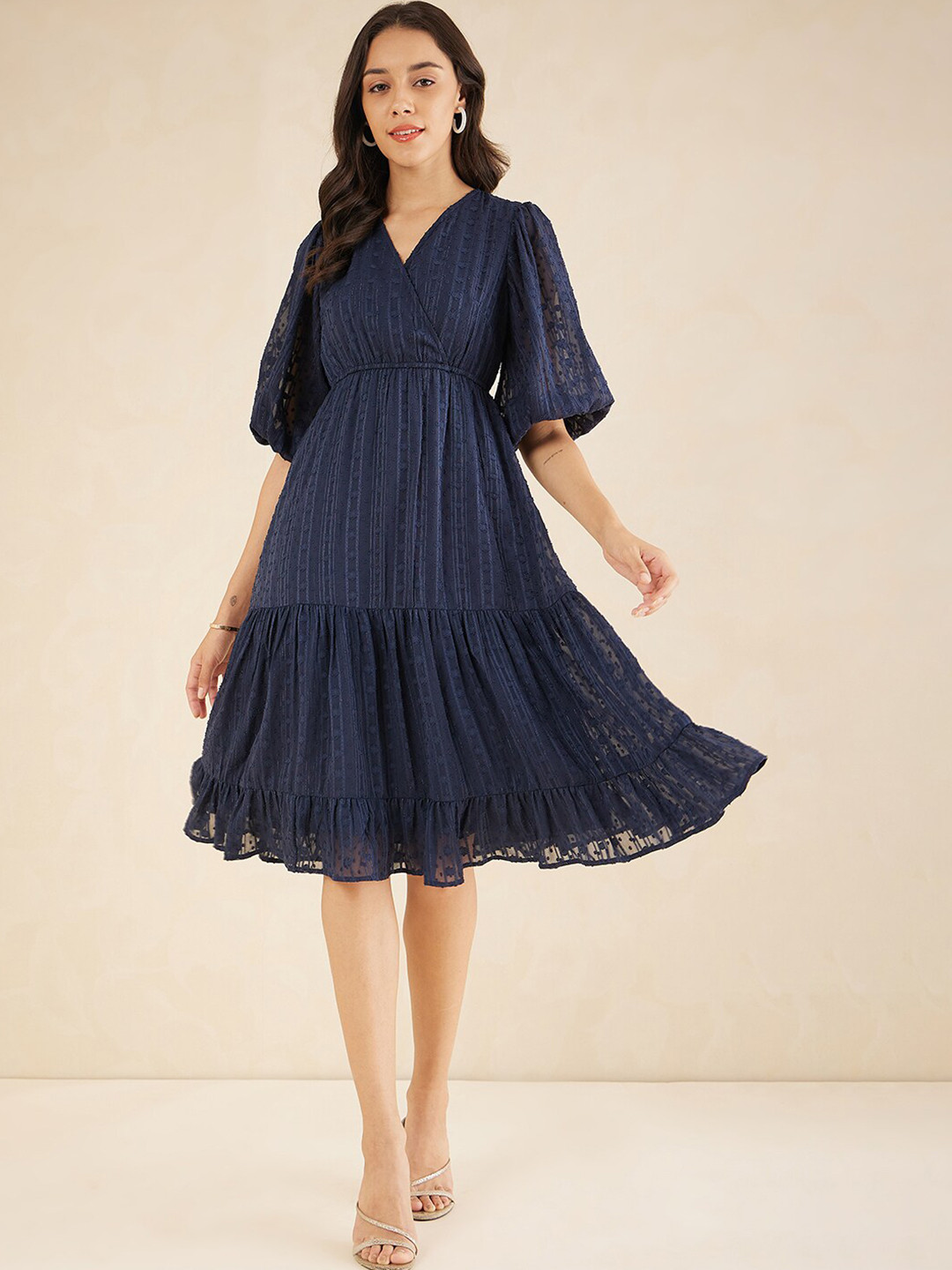 Buy FEMMELLA Self Design V Neck Gathered Fit & Flare Dress - Dresses ...