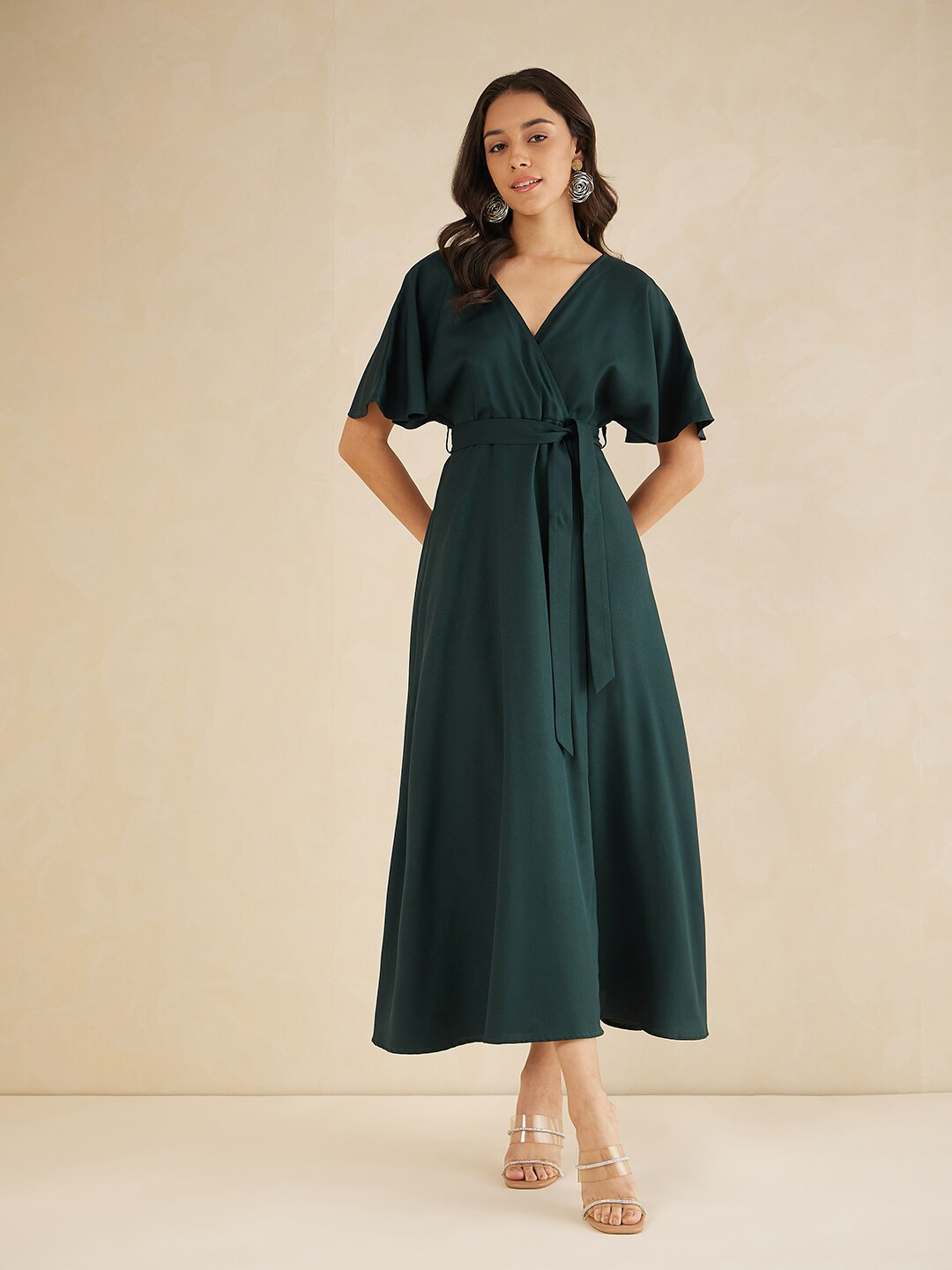 Buy Femella V Neck Flared Sleeves A Line Dress Comes With A Belt ...