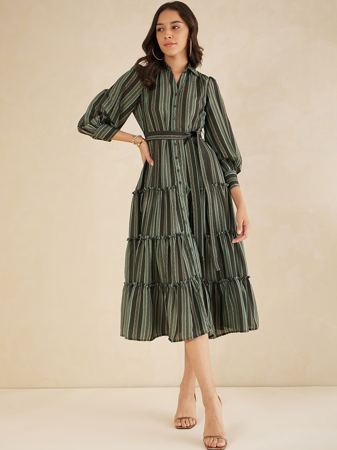 Buy Femella Striped Tie Ups Tiered Cotton A Line Midi Dress Dresses