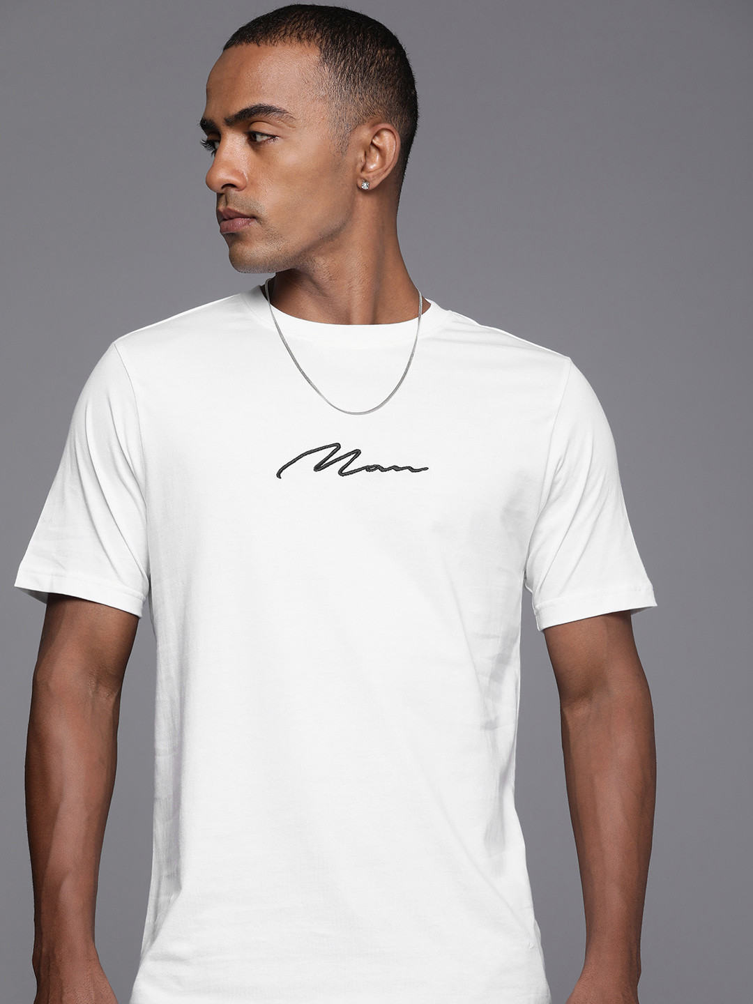 Buy BoohooMAN Pure Cotton Typography Embroidered Casual T Shirt ...