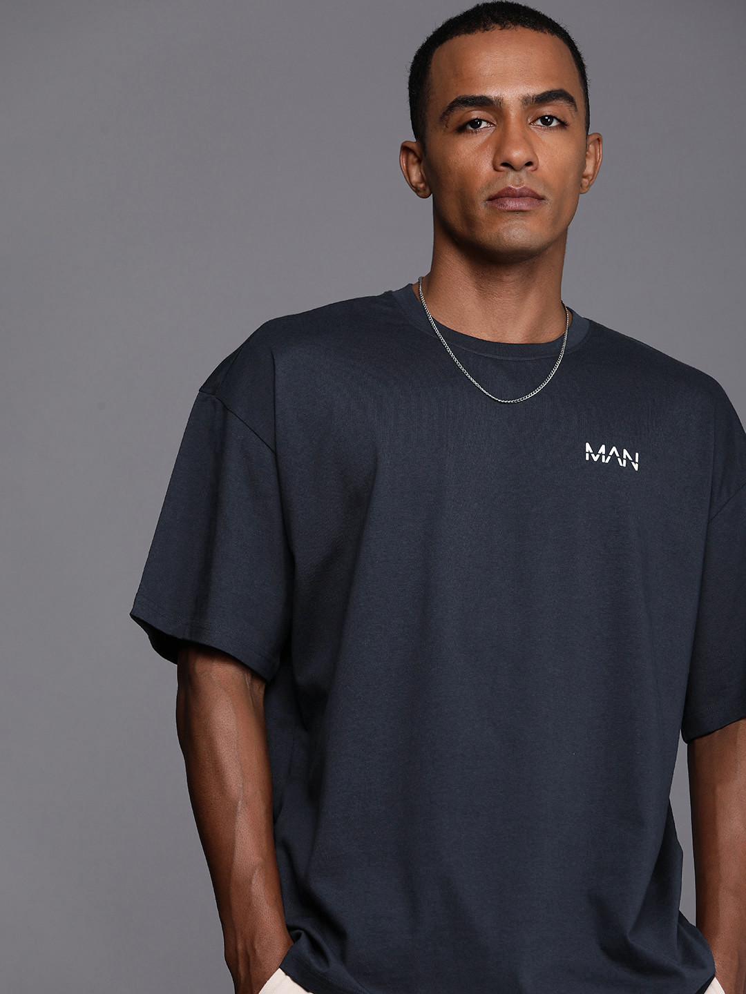 Buy BoohooMAN Pure Cotton Brand Logo Printed Oversized Drop Shoulder ...