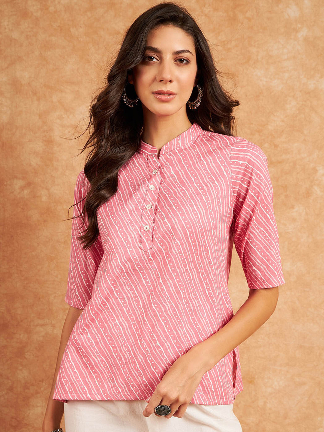 Buy RIVZA Vertical Stripes Mandarin Collar Cotton Shirt Style Top ...