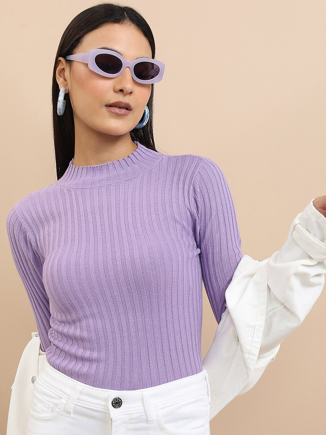 Buy Tokyo Talkies Purple Ribbed High Neck Acrylic Pullover - Sweaters ...