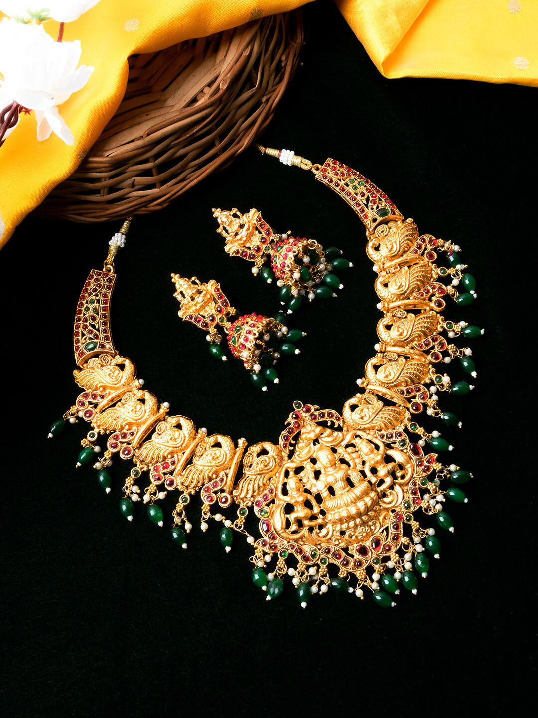 Buy StileAdda Gold Plated Kempu Stone Studded & Beaded Temple Jewellery ...