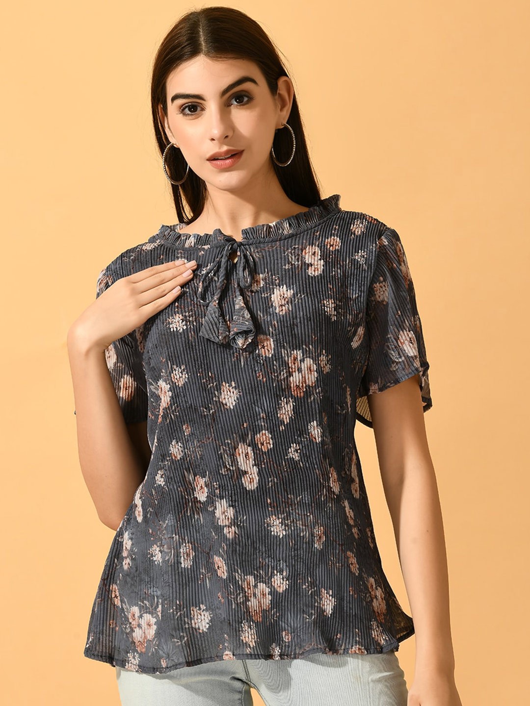 Buy Kalini Floral Printed Accordion Pleated Tie Up Neck Regular Top