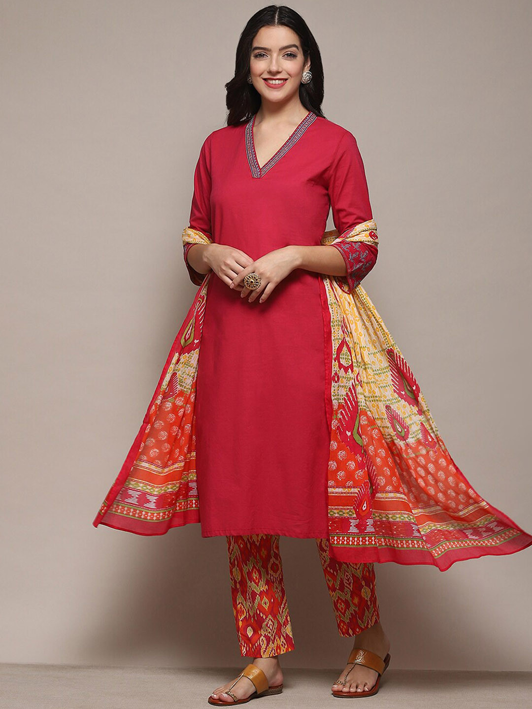 Buy Biba V Neck Pure Cotton Straight Kurta & Trouser With Dupatta - Kurta Sets for Women ...