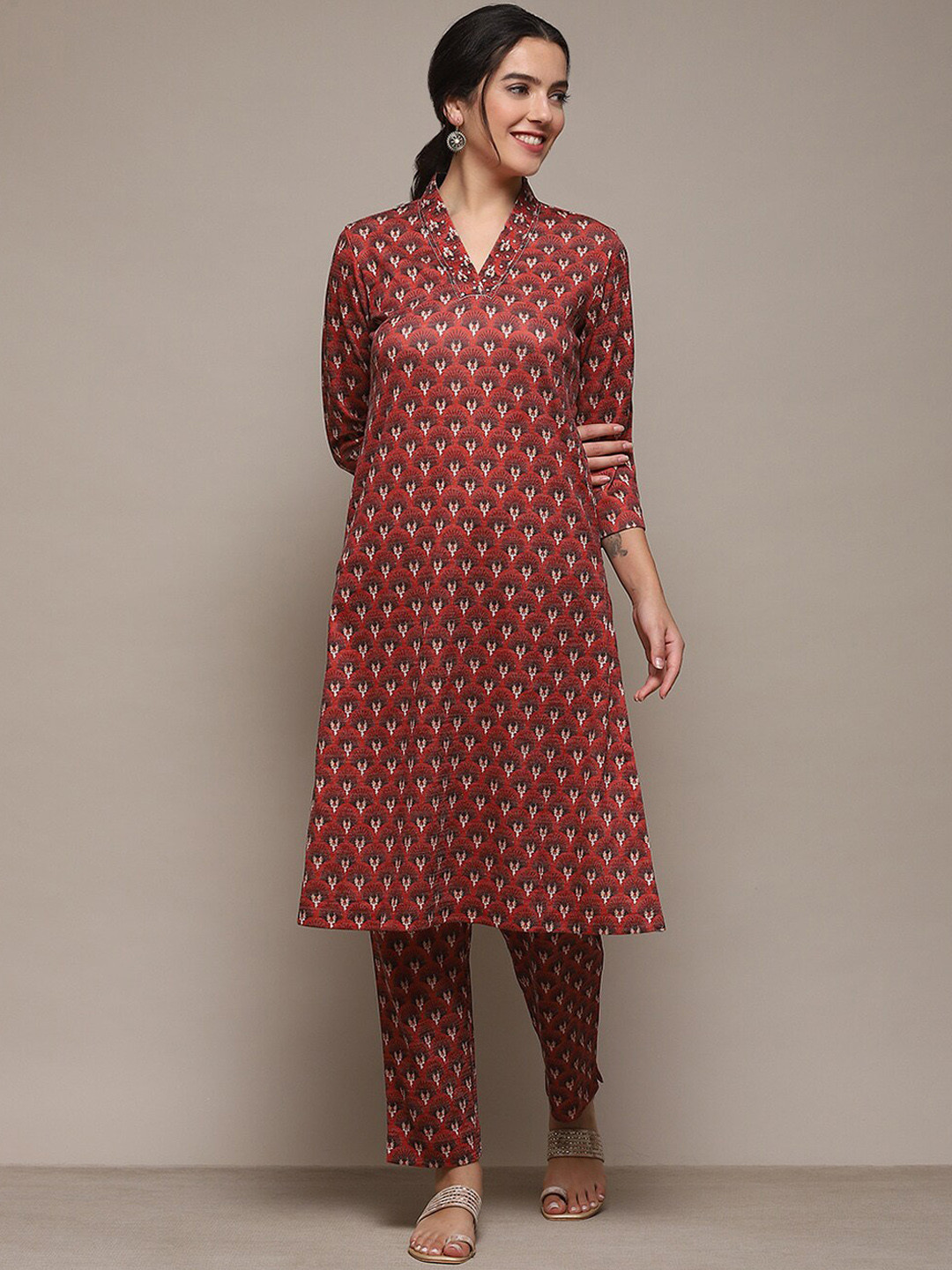 Buy Biba Ethnic Motifs Printed V Neck Straight Kurta With Trousers ...