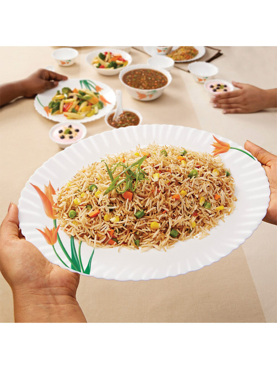 Buy Larah By BOROSIL 27 Pieces White & Orange Floral Printed Opalware ...