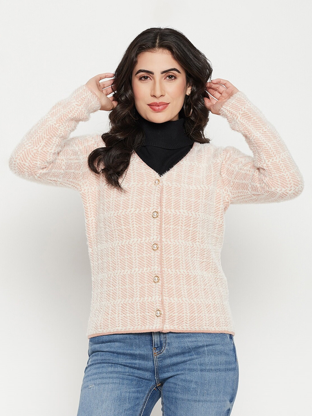 Buy Madame Checked V Neck Long Sleeve Button Detail Acrylic Cardigan ...