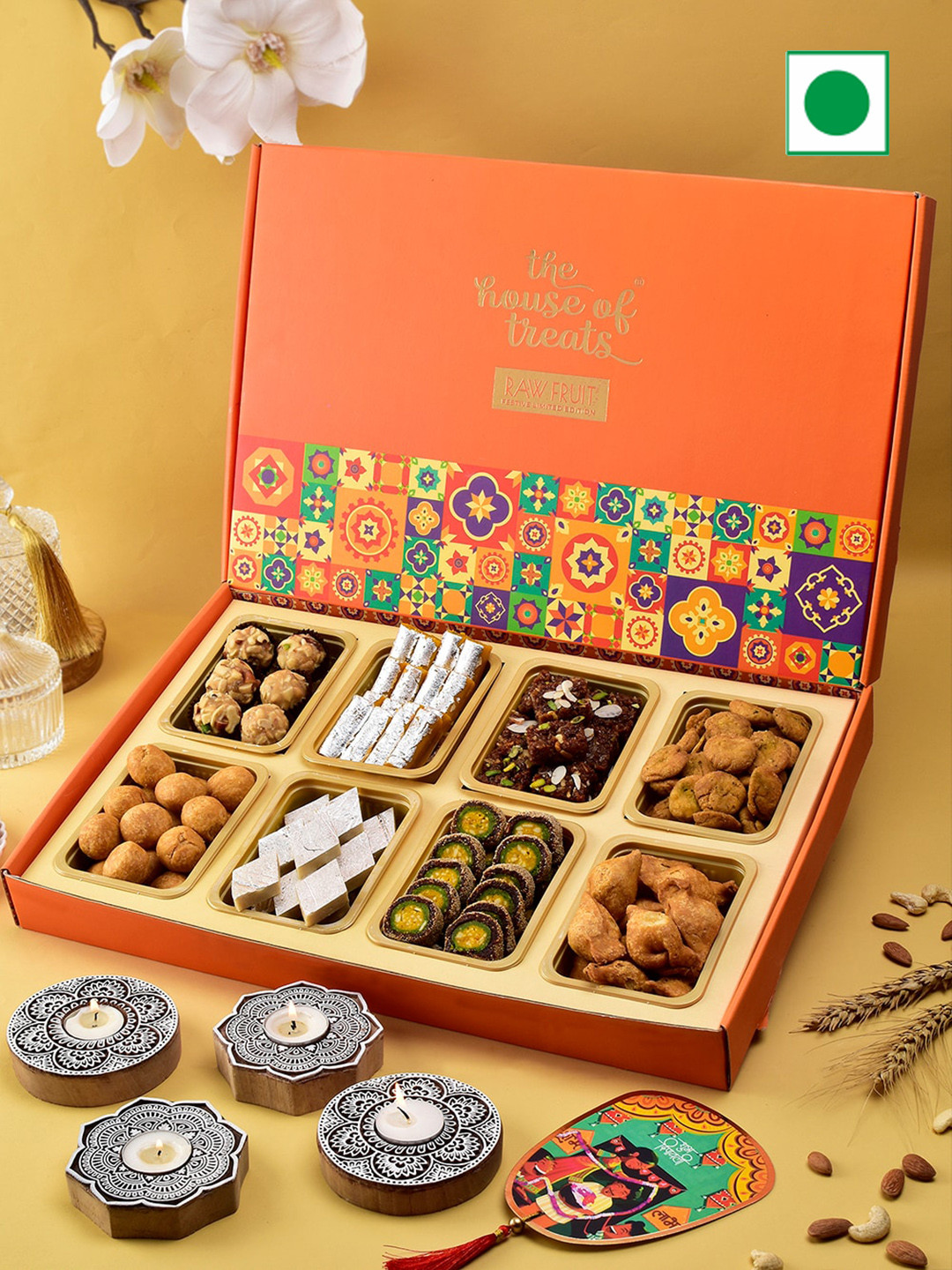 Buy RawFruit Diwali Sweets Hamper With Wooden Candles 200 Gms Each ...