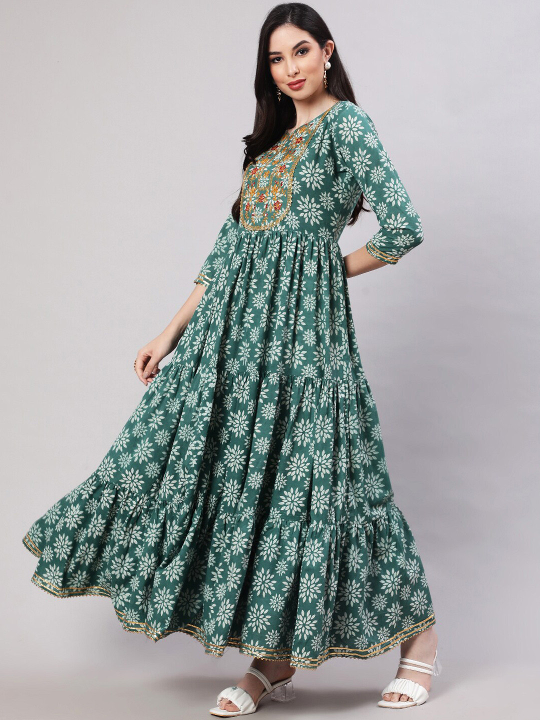 Buy GLAM ROOTS Ethnic Motifs Printed Embroidered Tiered Fit & Flare ...