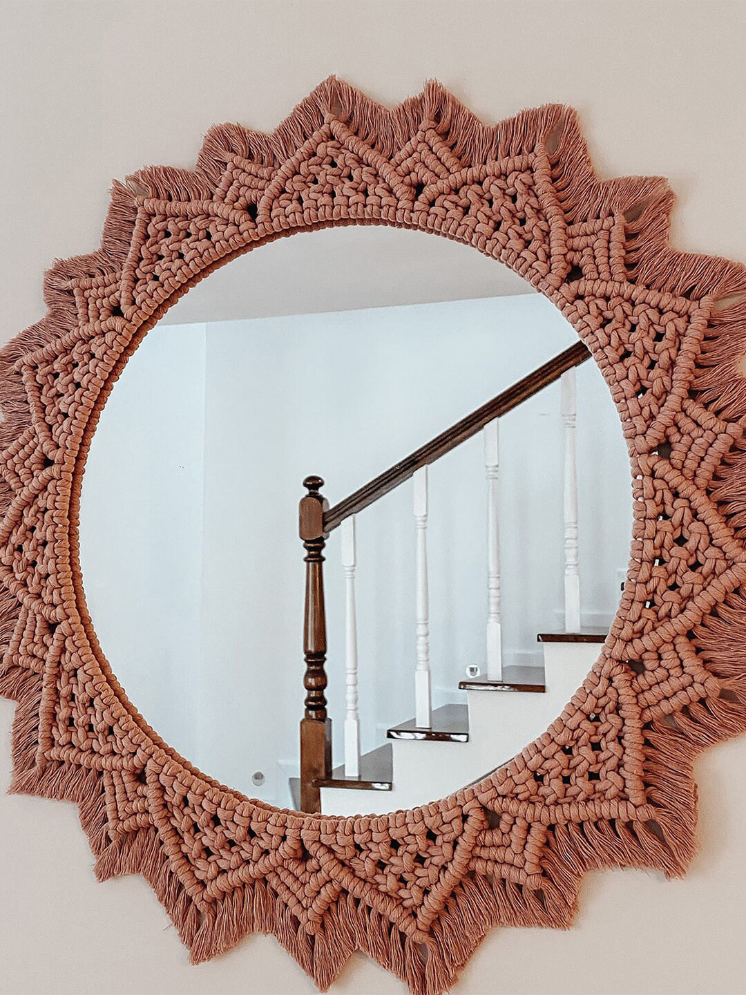 Buy Kaahira Peach Coloured Round Shape Boho Macrame Decor Wall Mirror ...