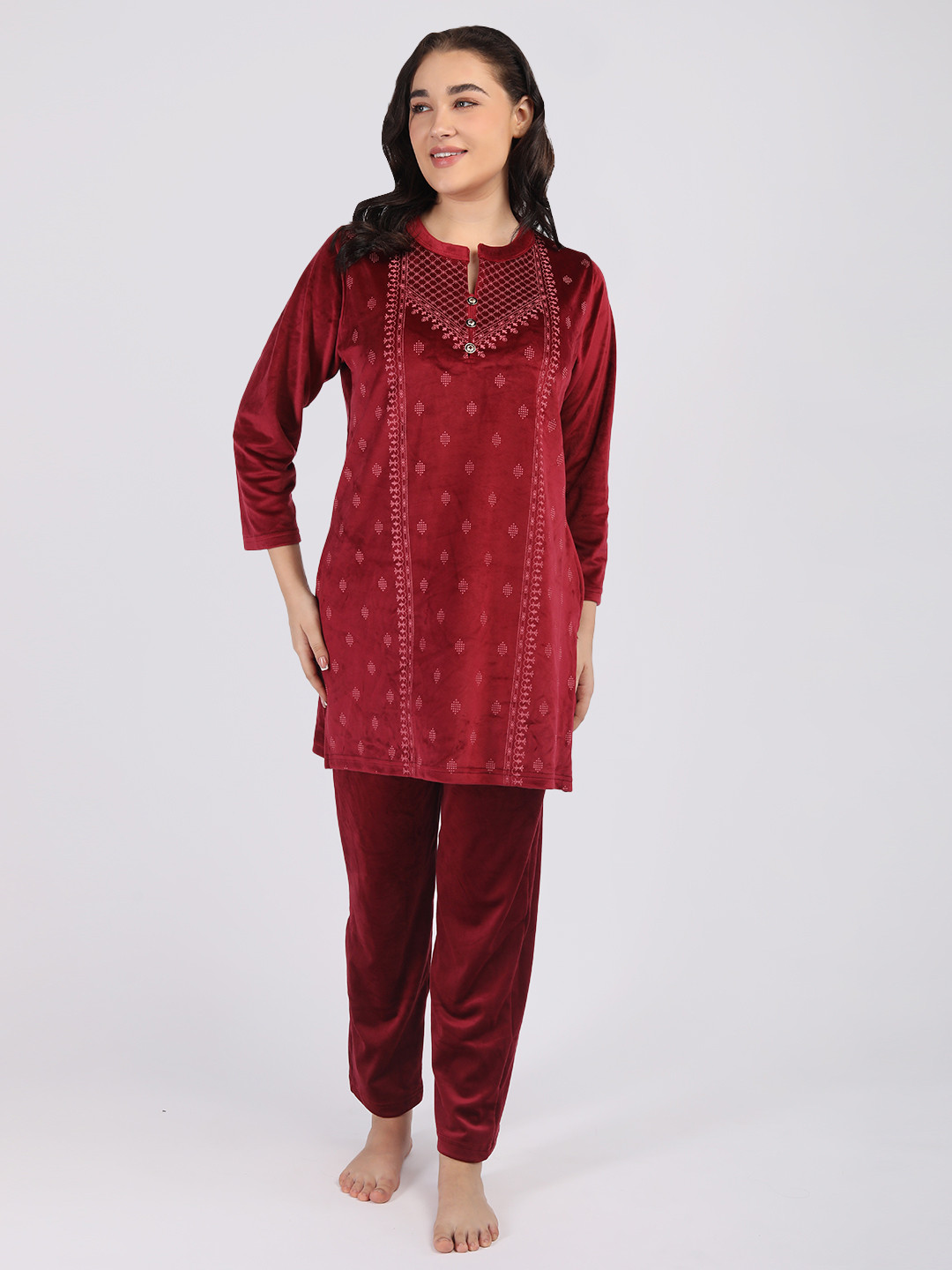 Buy Duchess Geometric Printed Velvet Night Suit - Night Suits for Women ...