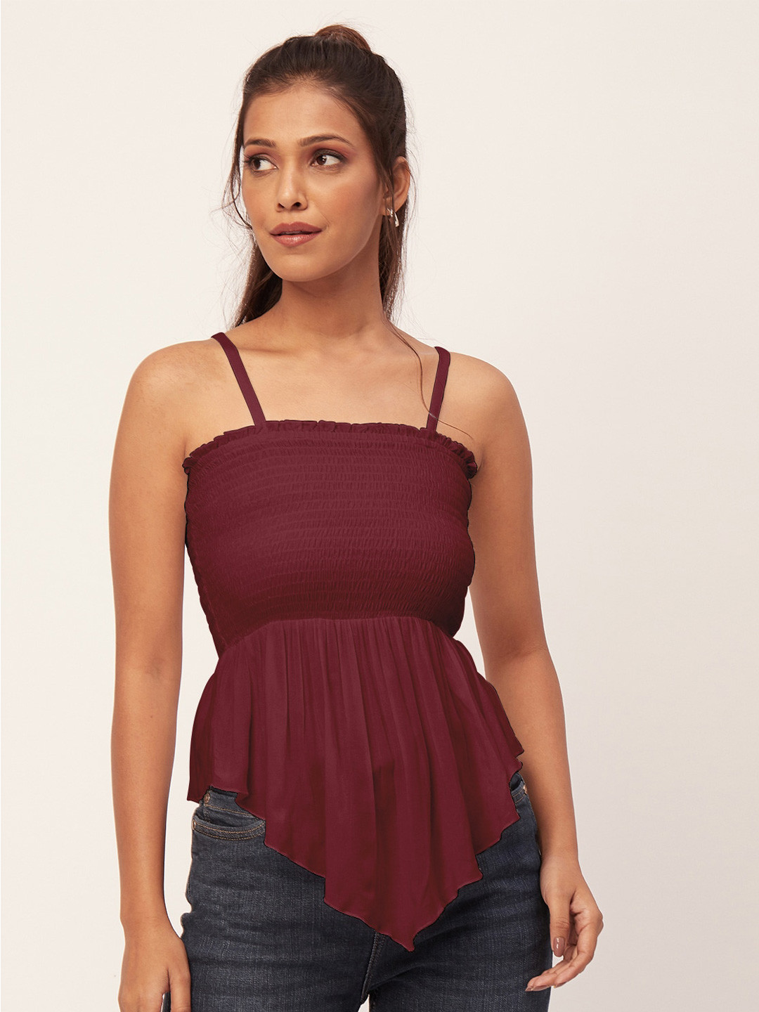 Buy Moomaya Shoulder Strap Smocked Fit & Flare Top - Tops for Women ...