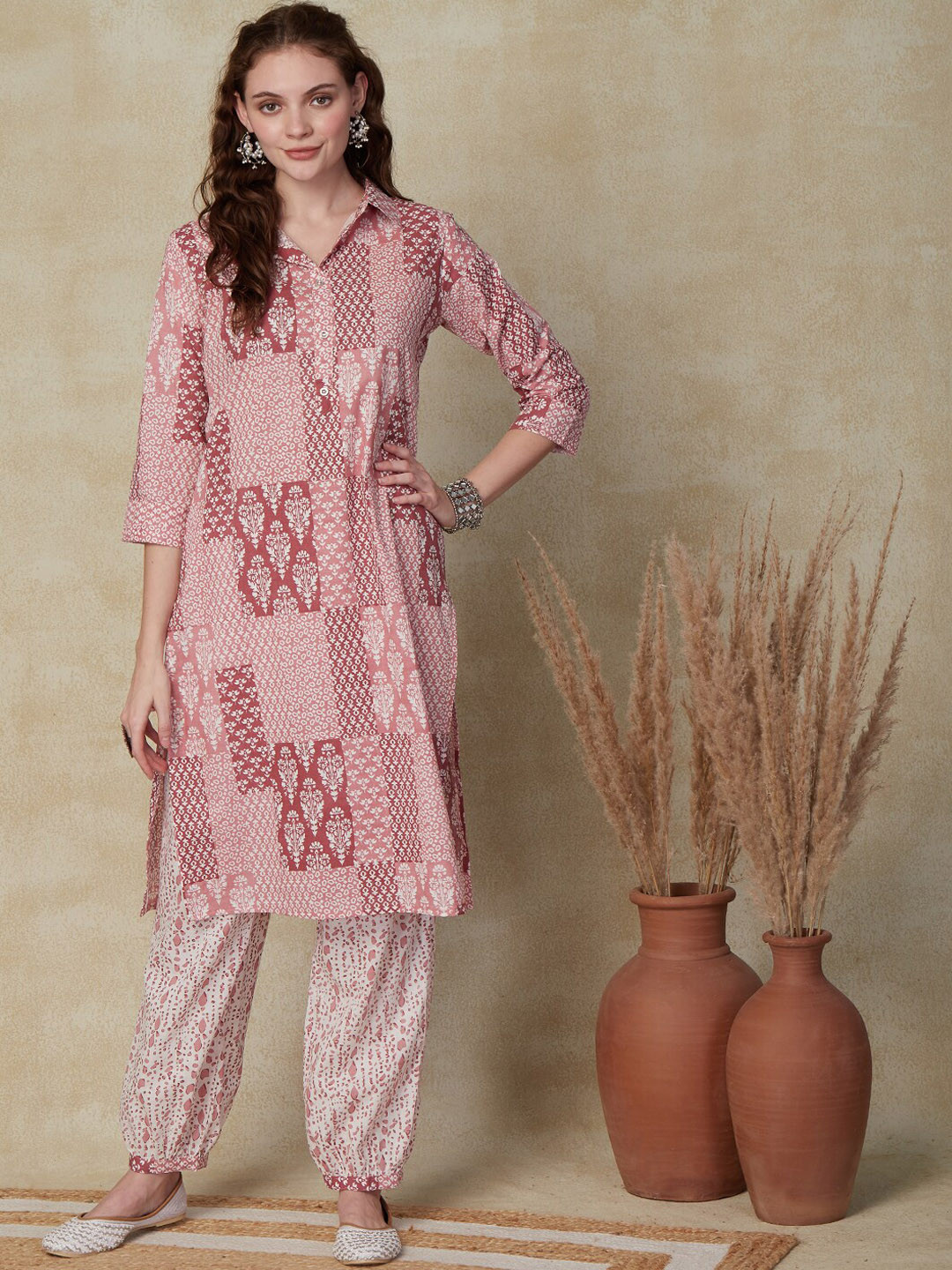 Buy FASHOR Ethnic Motifs Printed Pure Cotton Pathani Kurta With Salwar ...