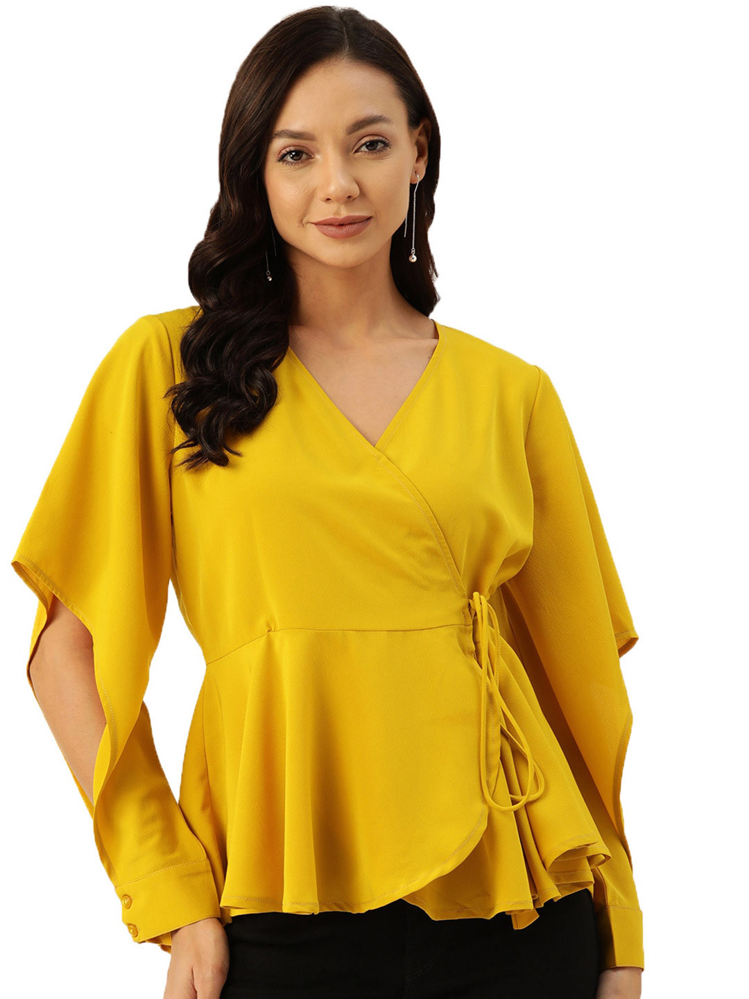 Buy DressBerry Mustard Yellow V Neck Cuffed Sleeves Wrap Top - Tops for ...