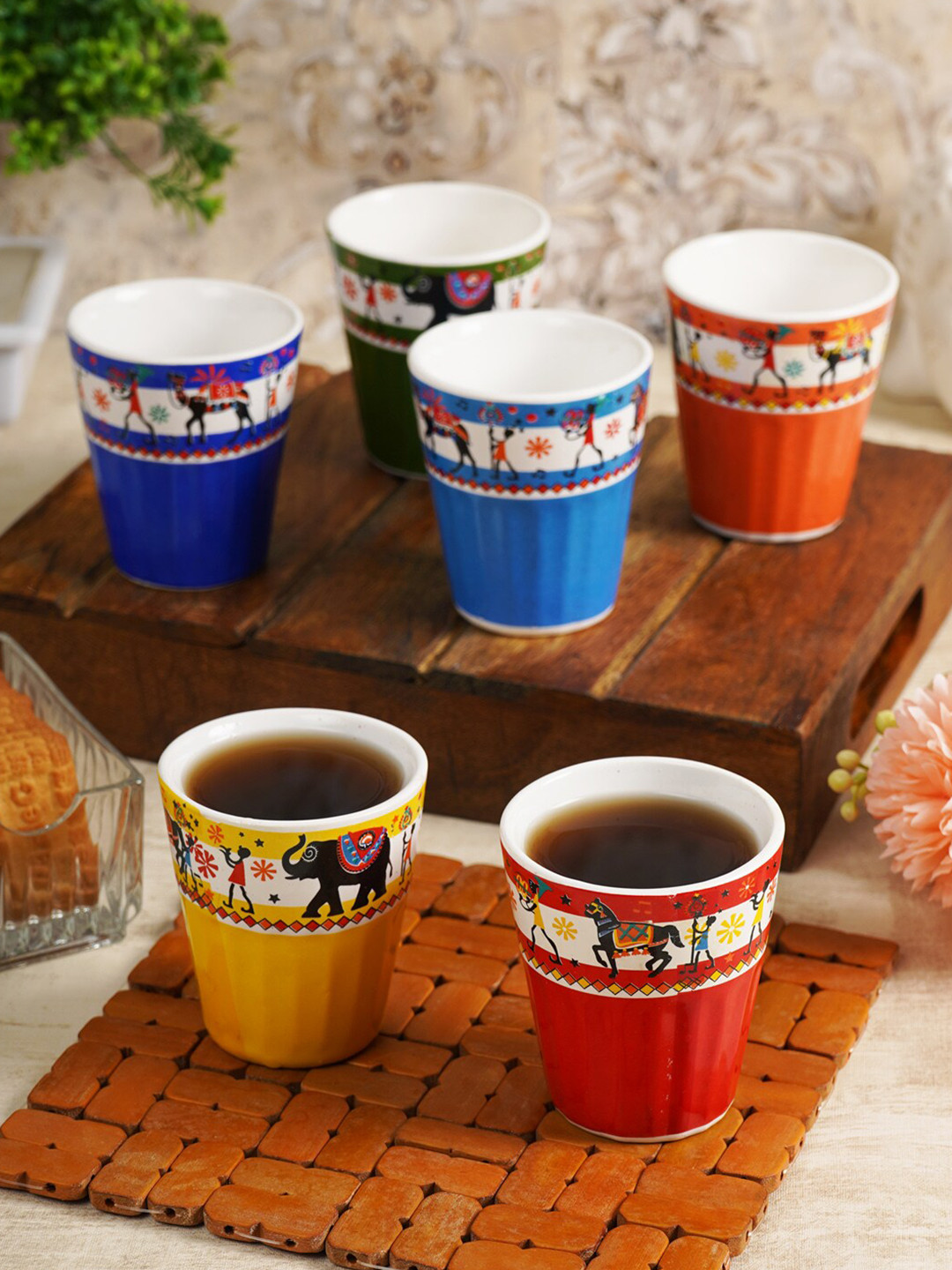 Buy CDI Red & Yellow 6 Pieces Printed Ceramic Glossy Kulladhs 150ml ...