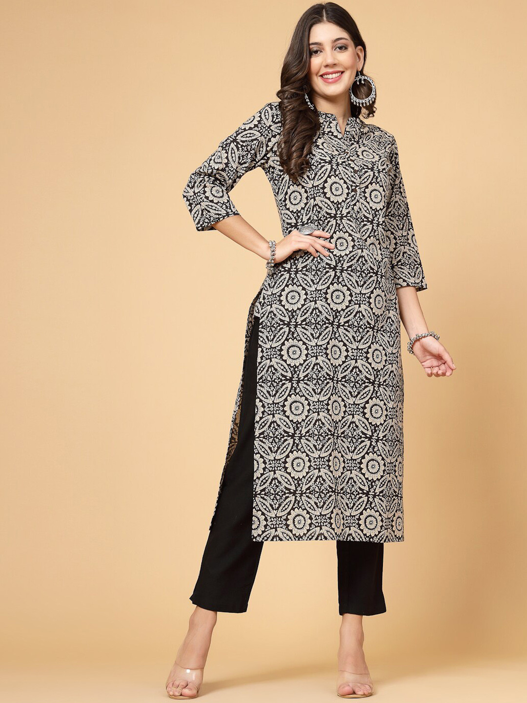 Buy Pistaa Ethnic Motifs Printed Pure Cotton Straight Kurta - Kurtas ...
