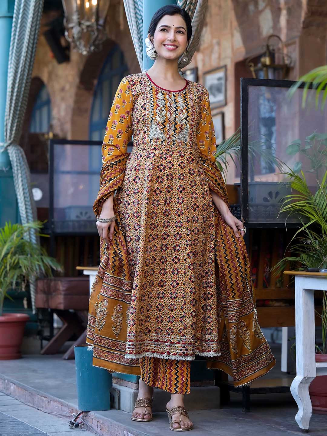 Buy KALINI Rust Floral Printed Gotta Patti Pure Cotton Kurta With ...