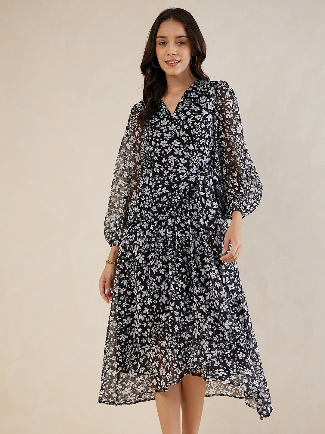 Buy Femella Floral Printed Puff Sleeves Chiffon Wrap Midi Dress ...